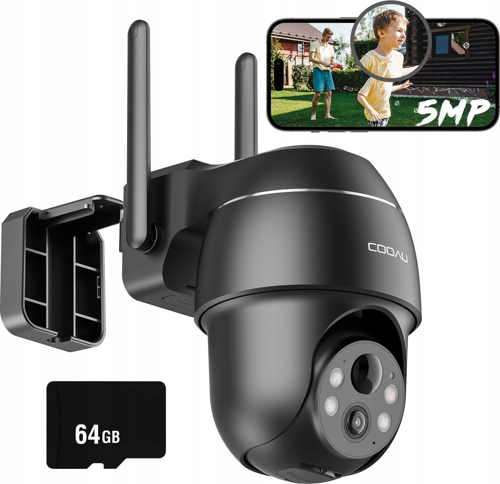 COOAU 5MP Überwachungskamera Außen Akku mit 64GB SD-Karte,