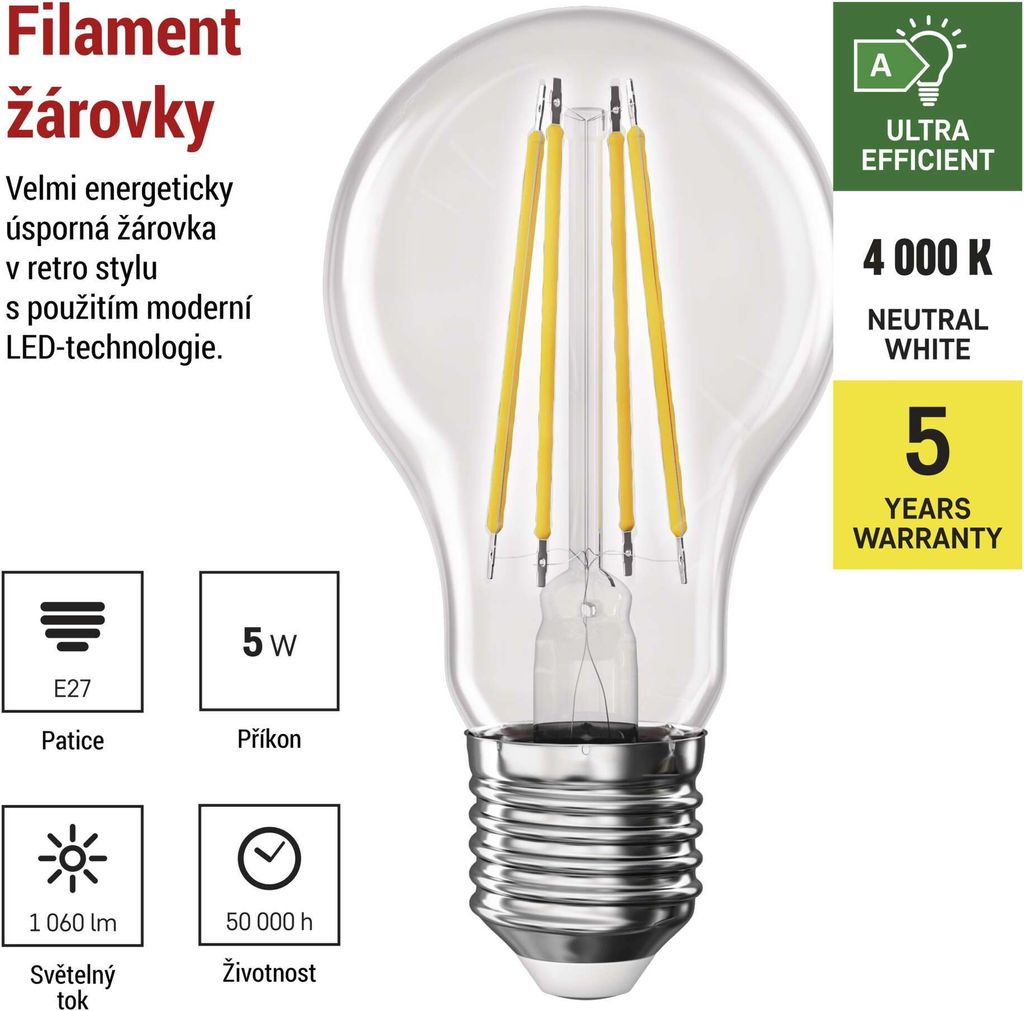 EMOS LED žárovka Filament A60 / E27 / 5 W (75 | Kaufland.cz