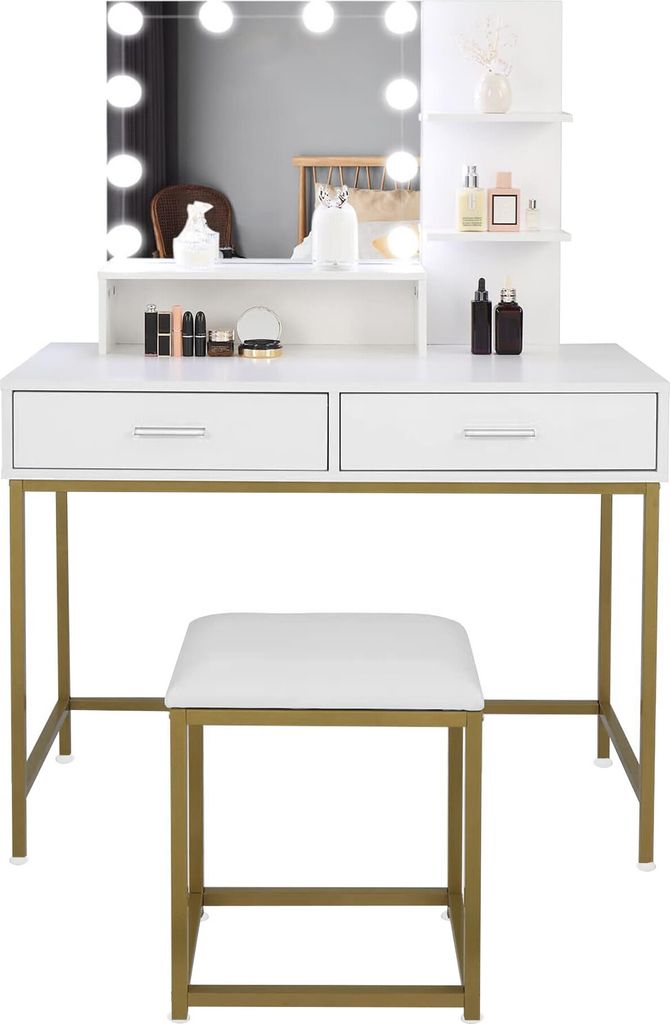 Aga Toaletný stolík so zrkadlom a LED osvetlením + taburet