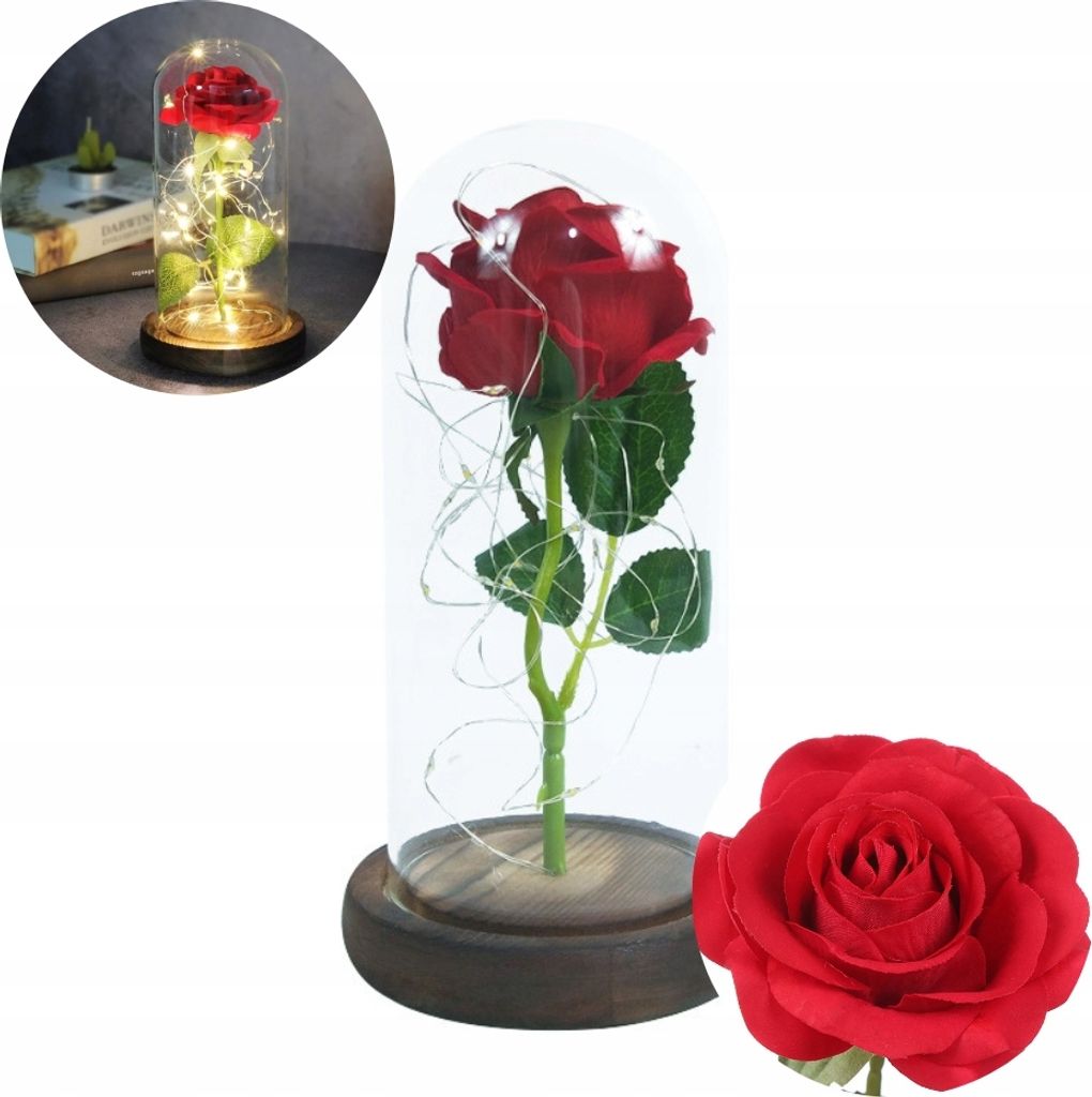 Umělé věčné růže ve skle s LED světlem, růže ve skle, umělé
