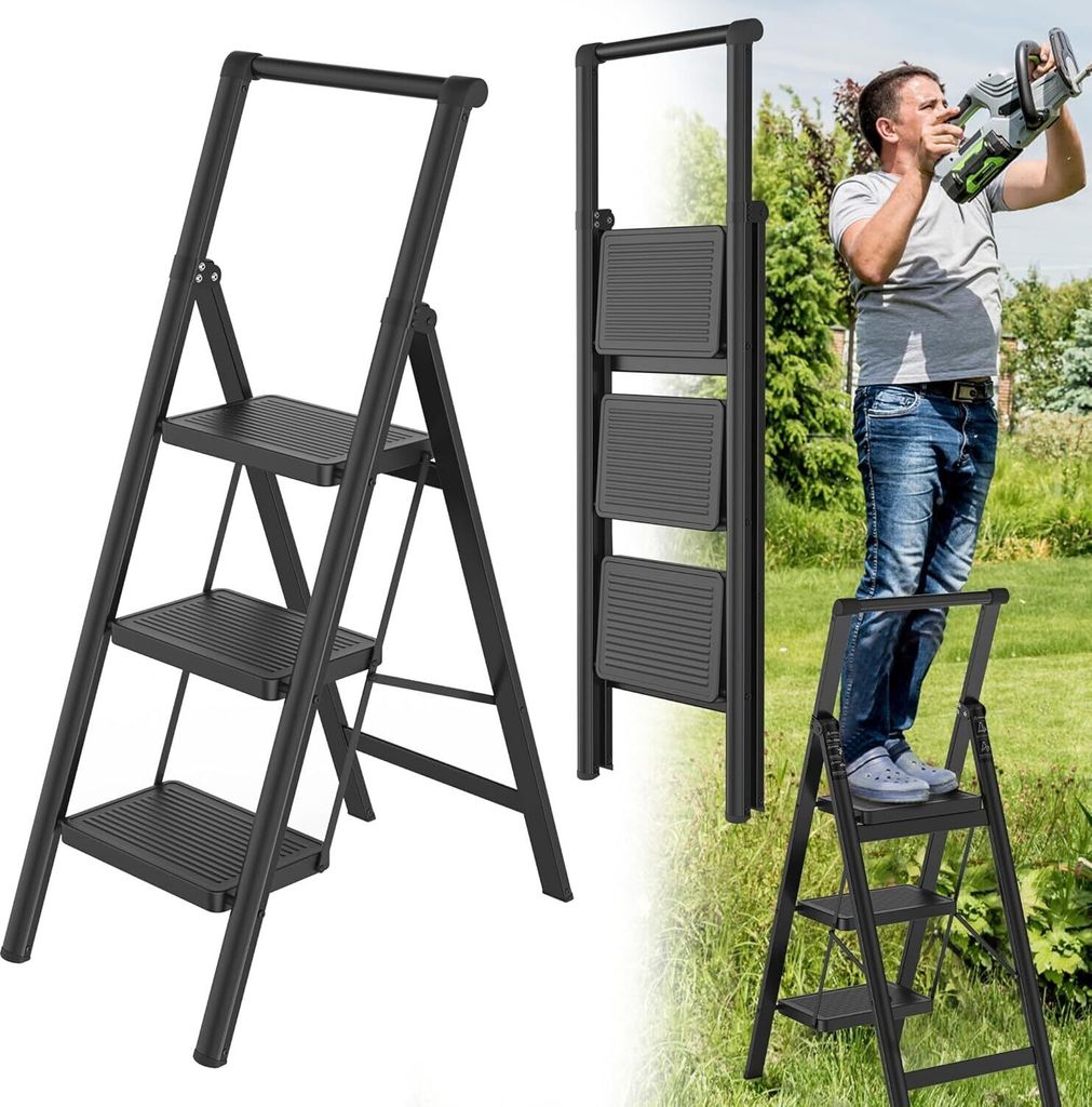 Klappbare Aluminium Trittleiter 3 Stufen mit Handlauf,