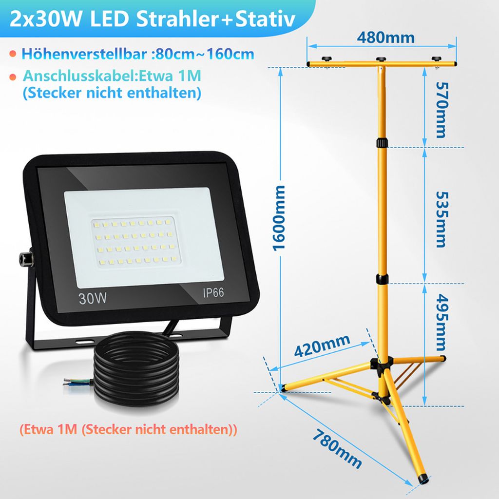 Jopassy 2x 30W LED Baustrahler Fluter Stativ | Kaufland.de