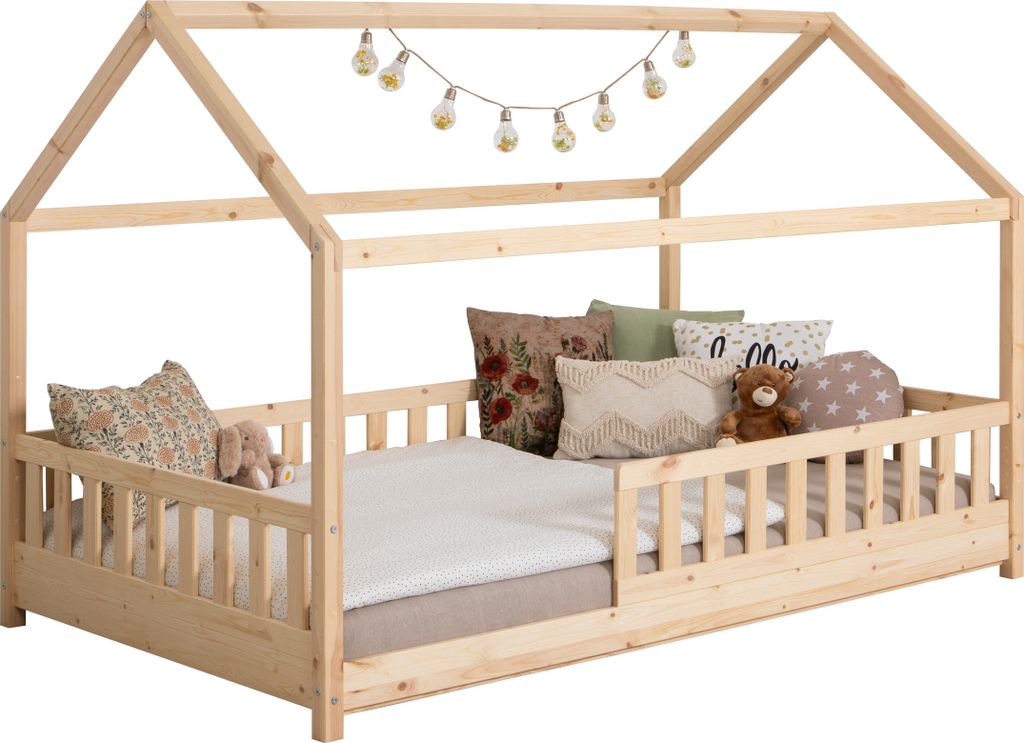 TiCAA Kinderbett Hausbett "Kay" 100x200 Kiefer natur