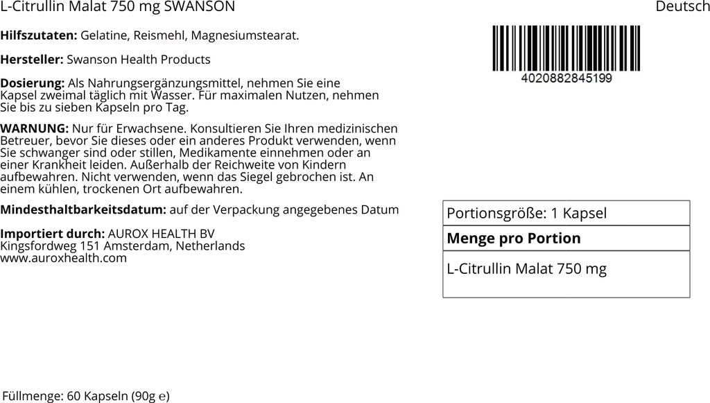 L-Citrullin Malat 750 mg 60 Kapseln Swanson | Kaufland.de