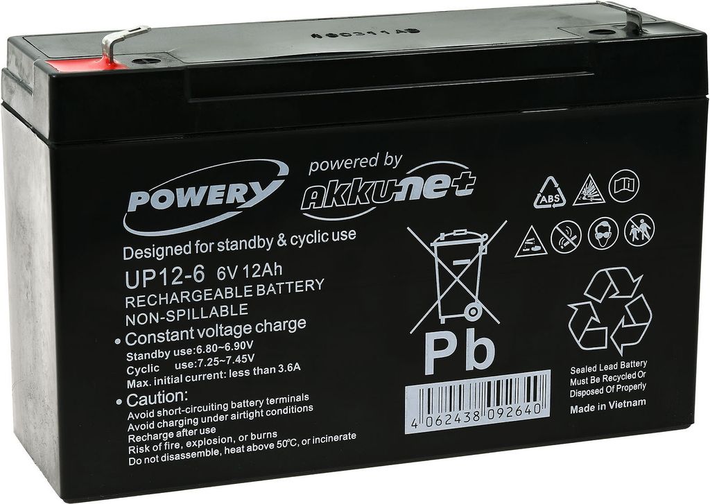 Powery Blei-Gel Akku 6V 12Ah ersetzt Panasonic LC-R0612P