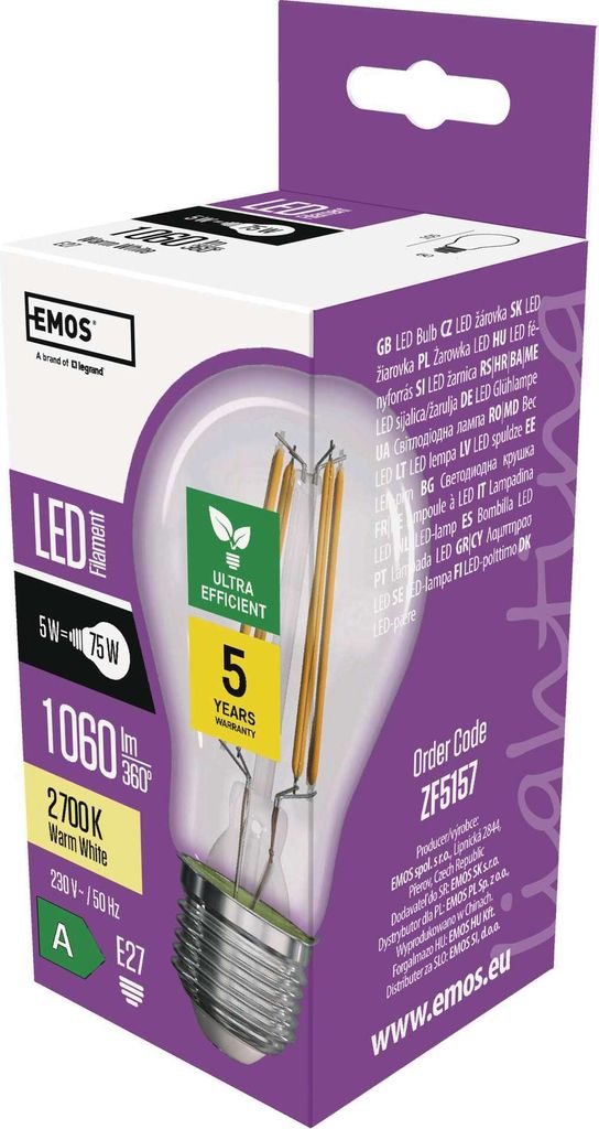 EMOS LED žárovka Filament A60 / E27 / 5 W (75 | Kaufland.cz