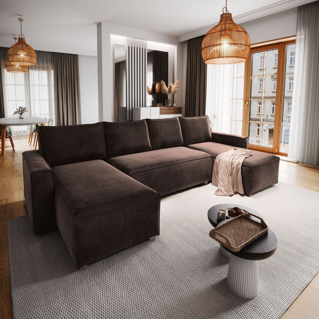 masseno, Ecksofa, Schlafsofa, Deni, U-Form, Braun, Monolith