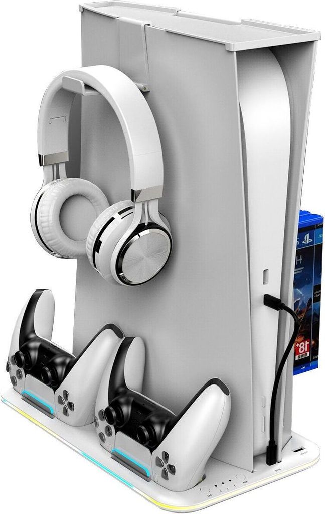 PS5 Stander PS5 Cooling Lufter PS5 StandfuB fur Disc Digital Edition Playstation Halterung Mit PS5 Controller Ladestation Headset Halterung 6 Spiele