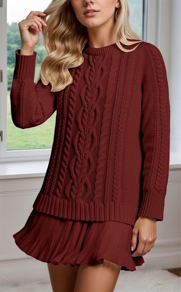 ASKSA Robe pull femme Cable Knit col rond Robe tricotée