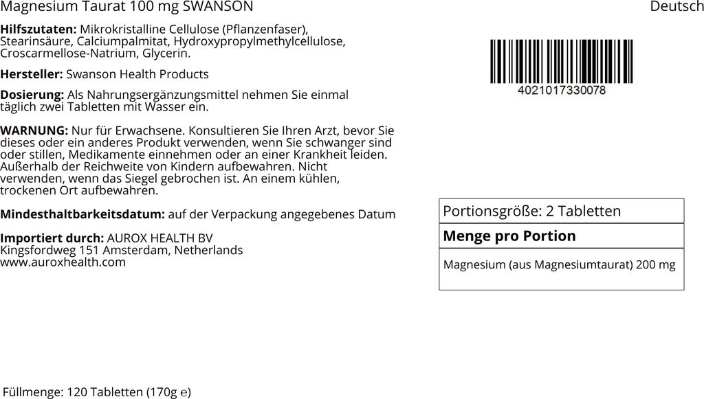 Magnesium Taurat 100 mg 120 Tabletten Swanson | Kaufland.de