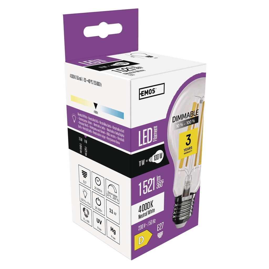 EMOS LED žárovka Filament A60 / E27 / 11W | Kaufland.cz
