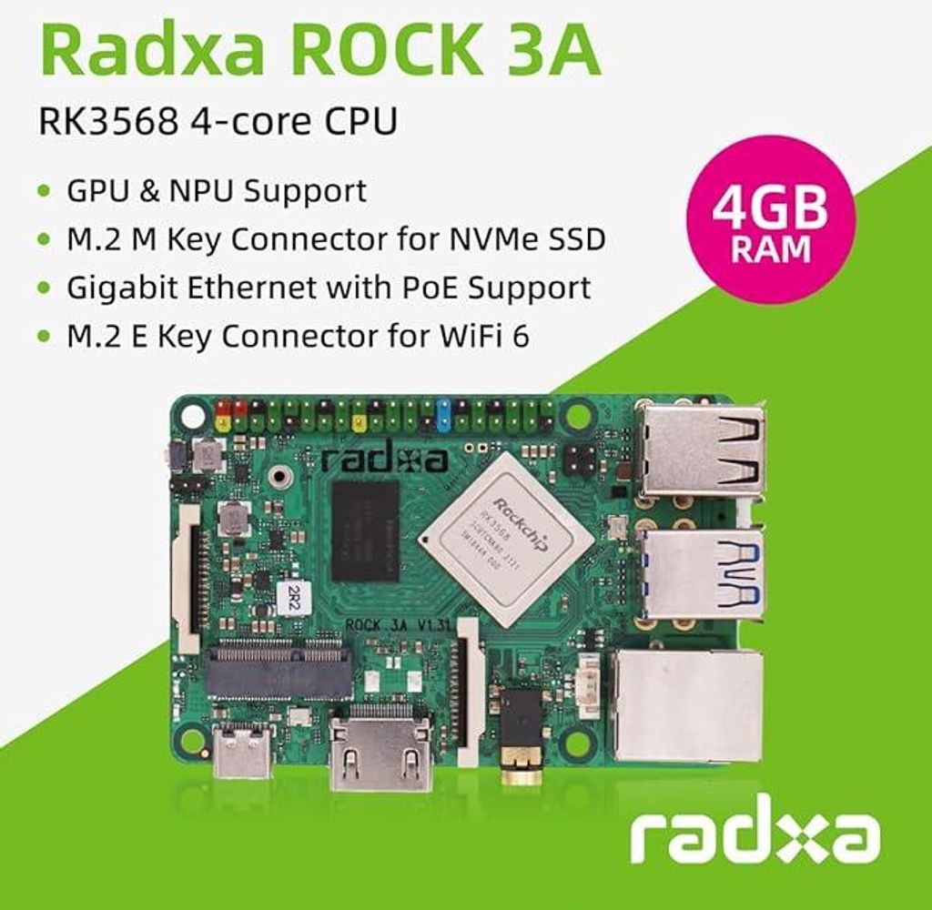 Radxa Rock 3A RK3568 4-Core CPU SBC, GPU, NPU und HDMI mit