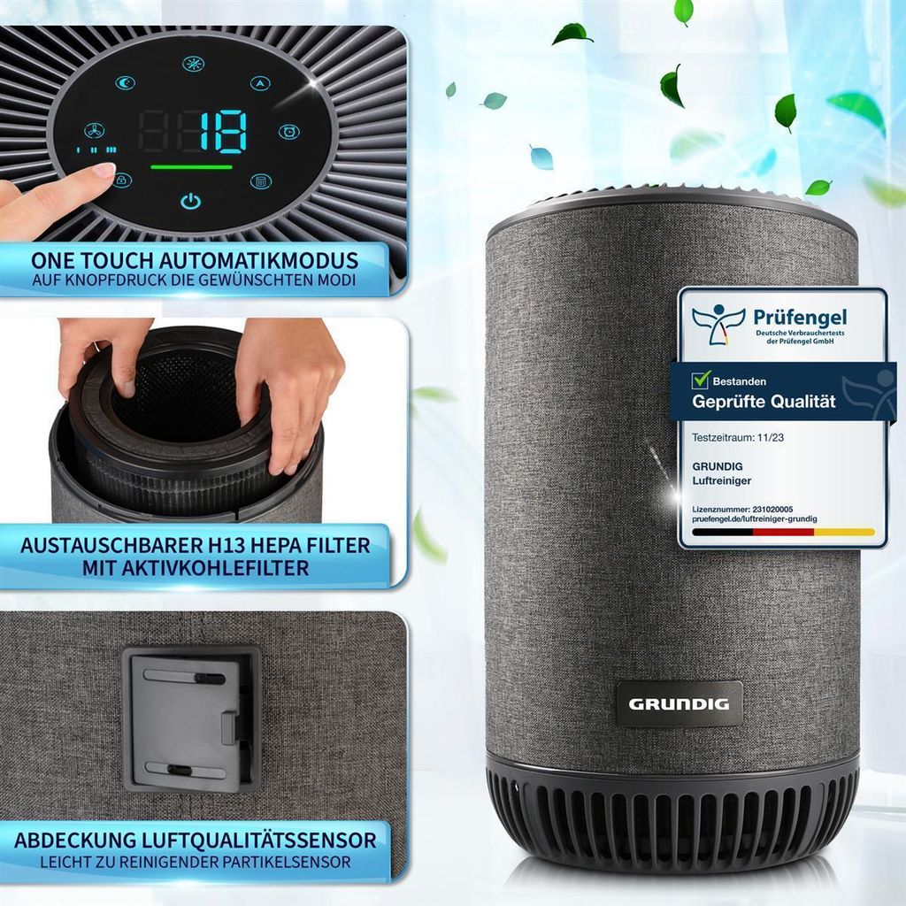 GRUNDIG Luftreiniger Allergiker Air Purifier Extra leise Hepa Filter mit Premium AKTIVKOHLEFILTER 49m2