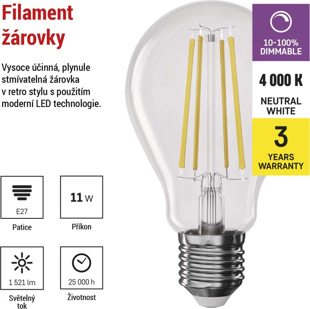 EMOS LED žárovka Filament A60 / E27 / 11W | Kaufland.cz