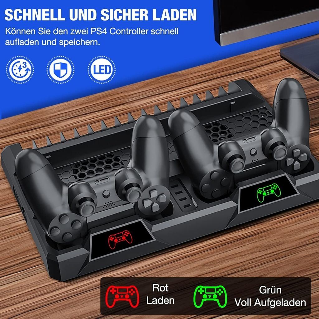 PS4 Vertical Stand mit Controller Ladestation Zubehor PlayStation 4 Pro Lufter fur Playstation 4 PS4 Pro PS4 Slim mit 16 Spiele Lagerung Vertical Stan