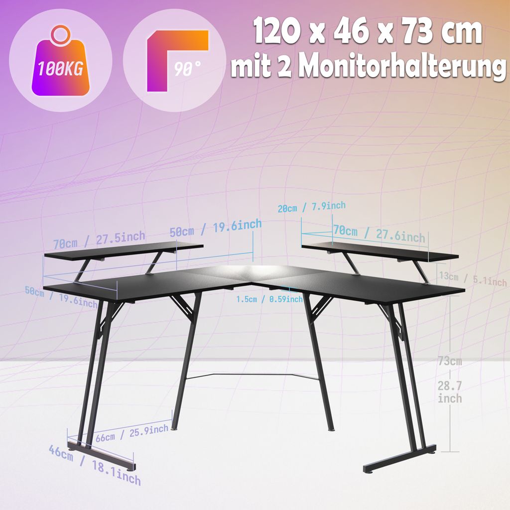 UISEBRT 120 cm herní stůl ve tvaru L, rohový | Kaufland.cz