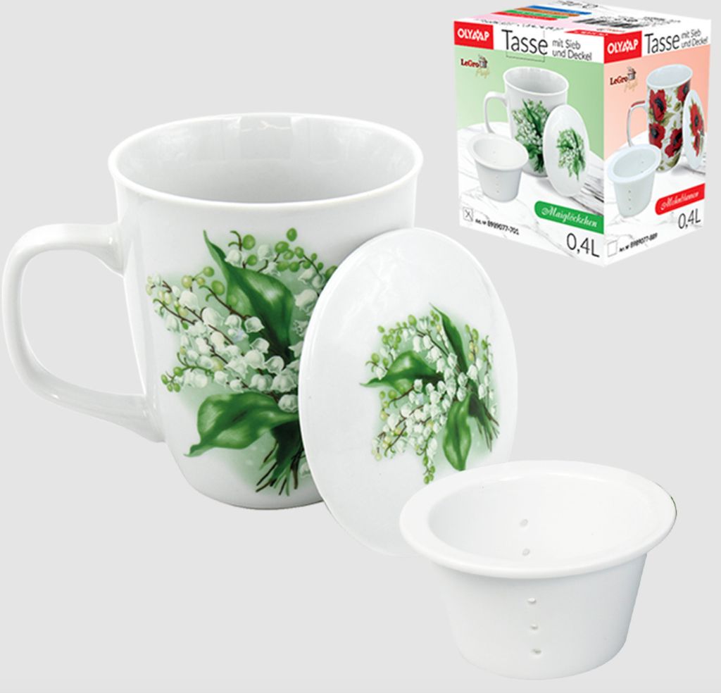 Tasse mit Deckel und Sieb Maiglöckchen 0,4 L Kaffeebecher