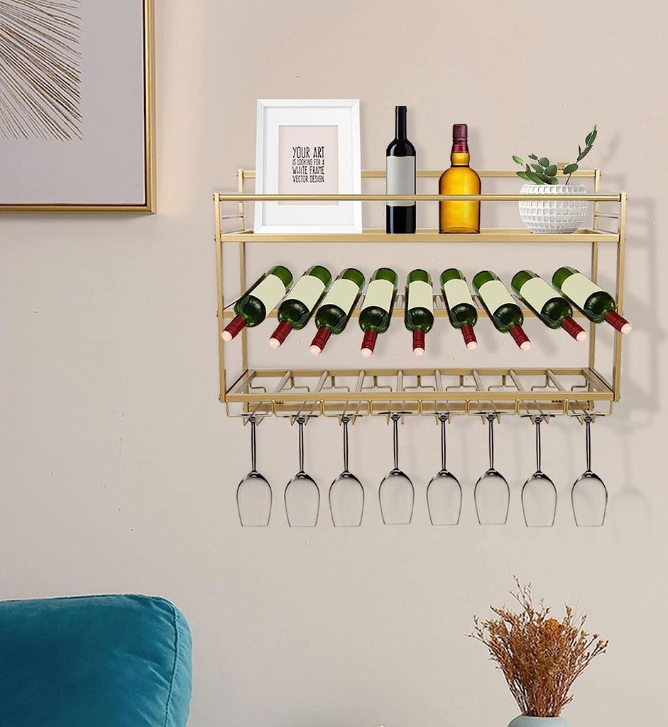 3 Tier Gold Wine Rack Glass Holder Wall Shelf | Kaufland.cz