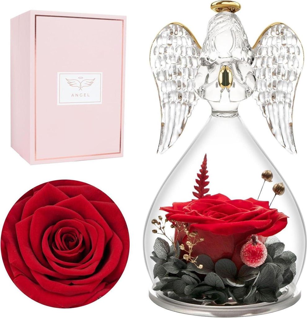 Rosa rossa eterna in statuetta d'angelo regalo di