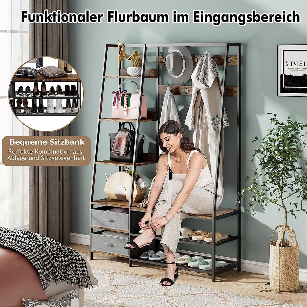 GOPLUS Garderobenstander mit Sitzbank Kleiderstander mit 6 Ebenen und 9 Haken Industriegarderobe mit Schubladen Schuhregal Dielenbaum