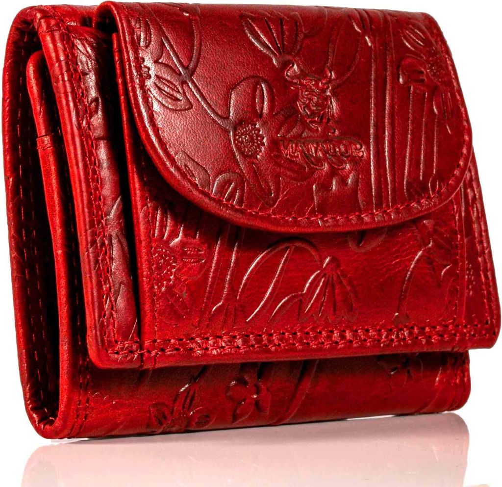 MATADOR Kleine Leder Mini Geldbörse Damen RFID Blumen Rot