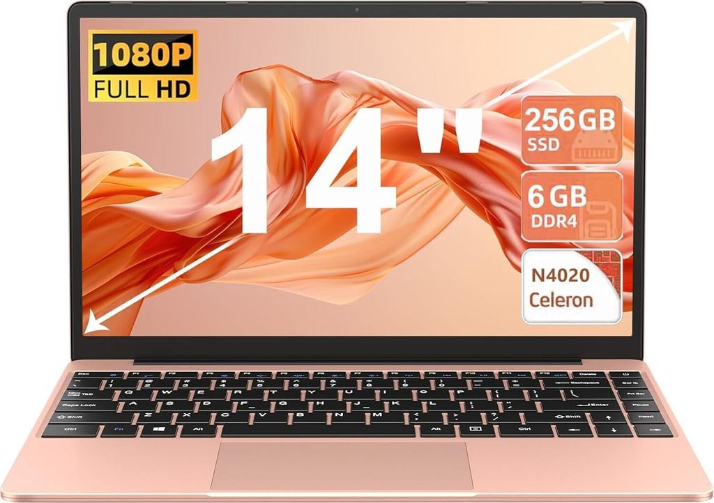 Laptop 14 Inch Celeron N4020 Up to 2.8Ghz Laptops Win 11 Con 5G WiFi 6 256GB SSD Erweiterung 1TB BT 4.2 1920 1080 FHD Mini Multimedia Anschluss