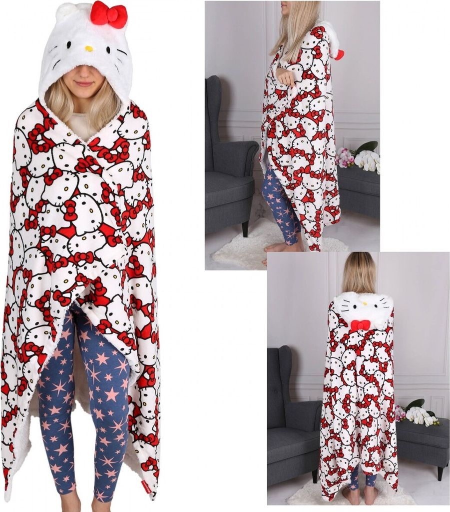 Hello Kitty Bílá deka s kapucí, teplá, velká 150x120 cm