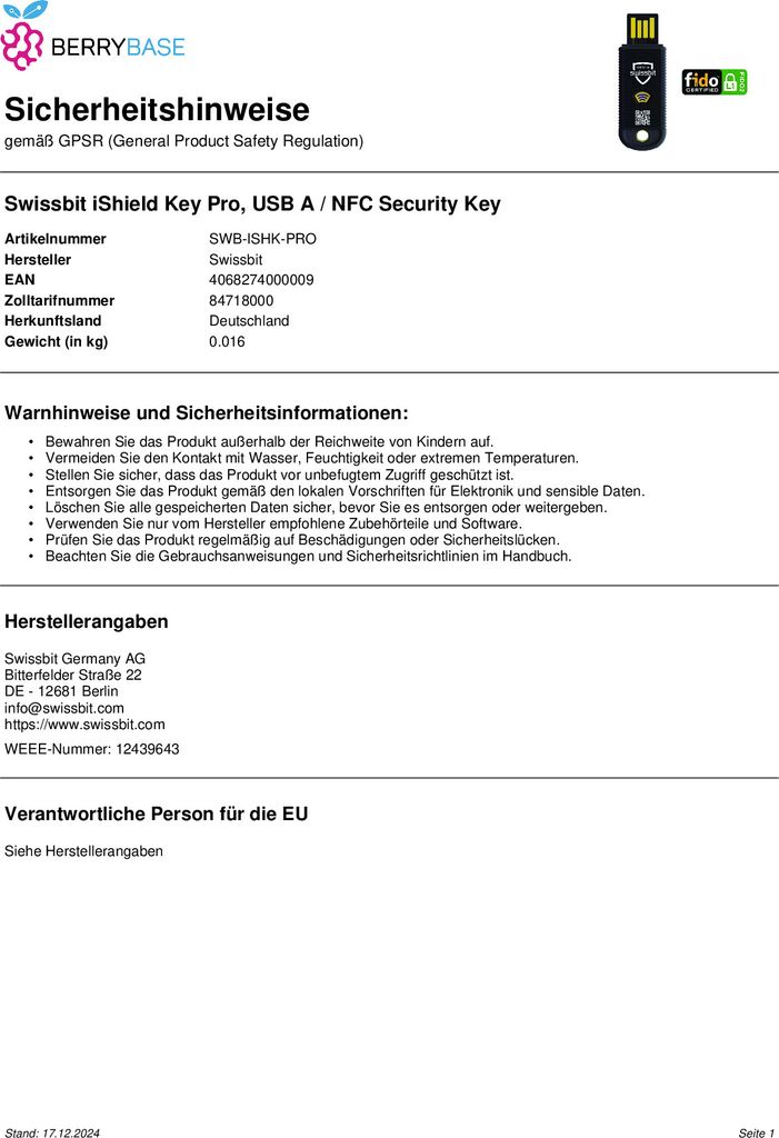 Swissbit iShield Key Pro USB/NFC Security | Kaufland.sk