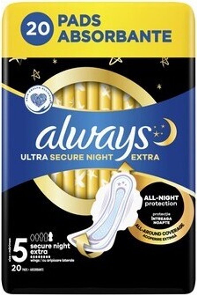 Always Ultra Secure Night Extra Wrappers mit Flügeln Größe