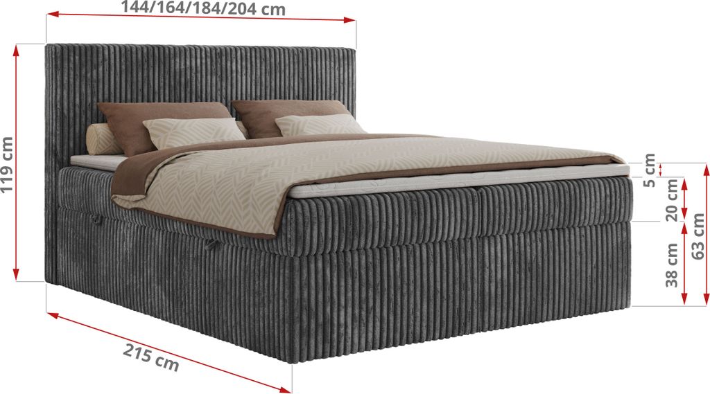 MKS MEBLE Boxspringbett 180x200 Grau Cord, | Kaufland.de