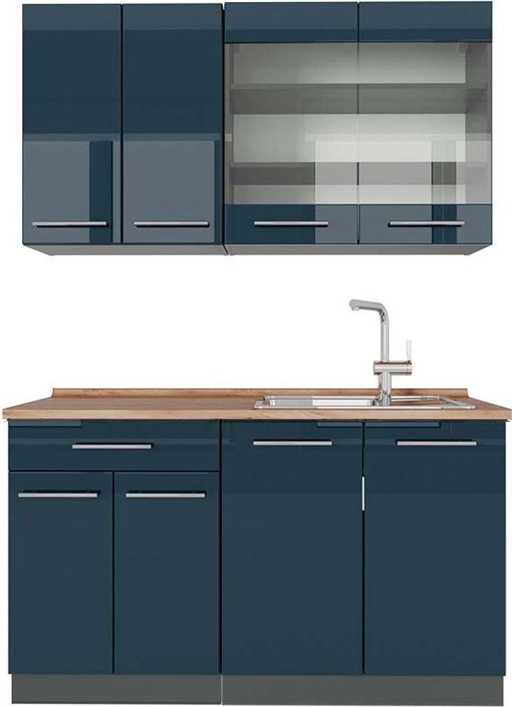 Vicco Singleküche Fame-Line, 140 cm , AP Eiche, Dunkelblau