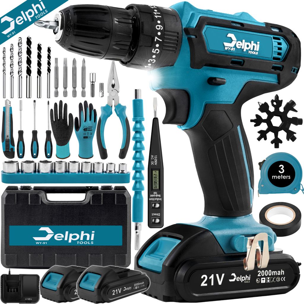 Akumulátorový vŕtací skrutkovač Delphi 21V 2 batérie 2Ah