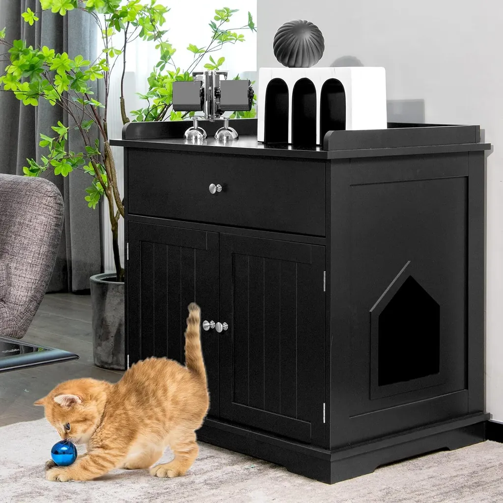 Mobile Porta Lettiera COSTWAY Nero | Tavolino 3 in 1 Design Gatto