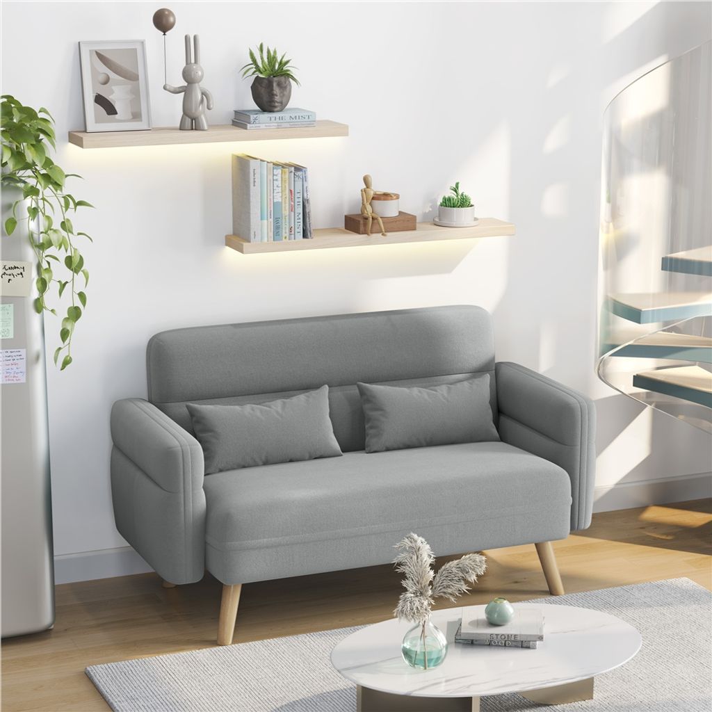 Yaheetech Mini gepolsterte Couch kleines Sofa mit 2 Lendenkissen 2 Sitzer Loveseat Hellgrau