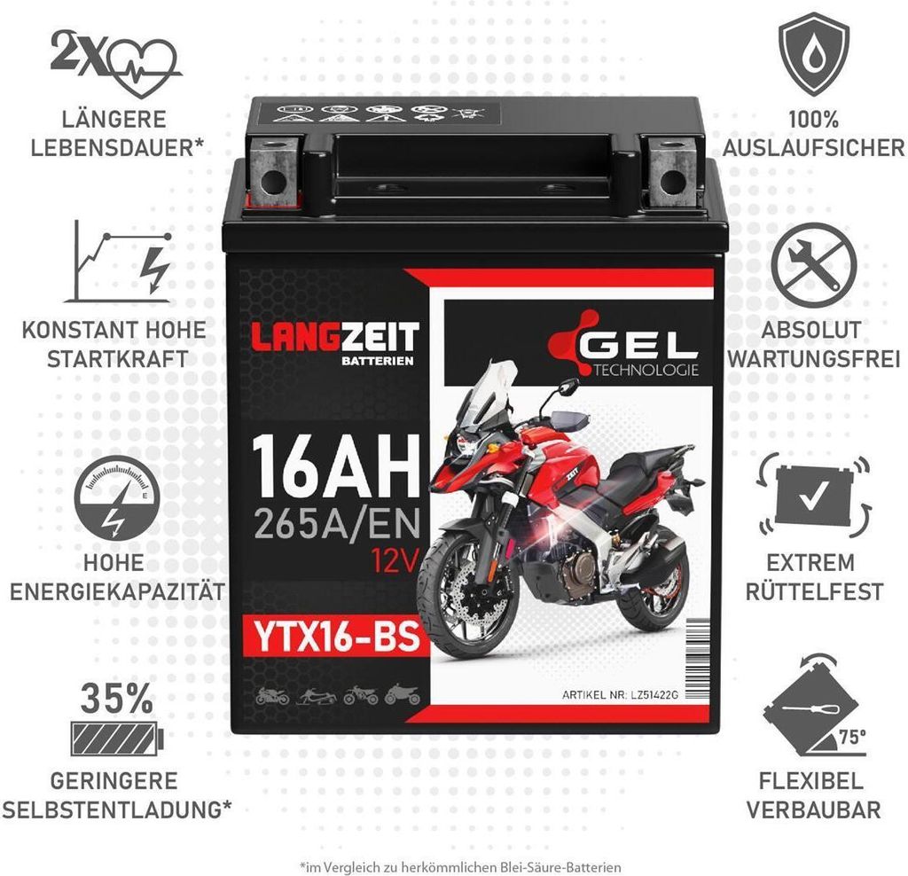 LANGZEIT YTX16-BS GEL Motorradbatterie 12V | Kaufland.de
