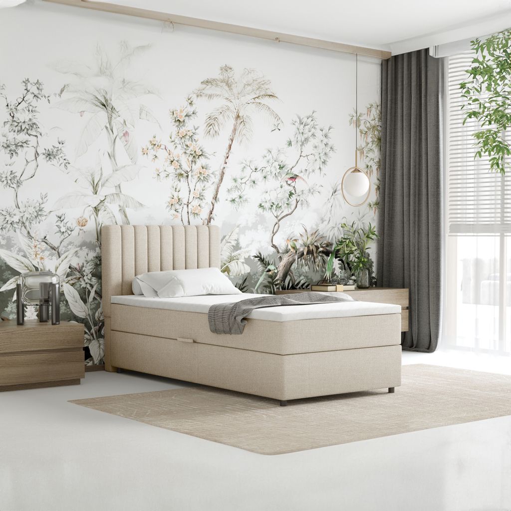 Lit Boxspring EVEREST 90x200 simple Beige avec topper