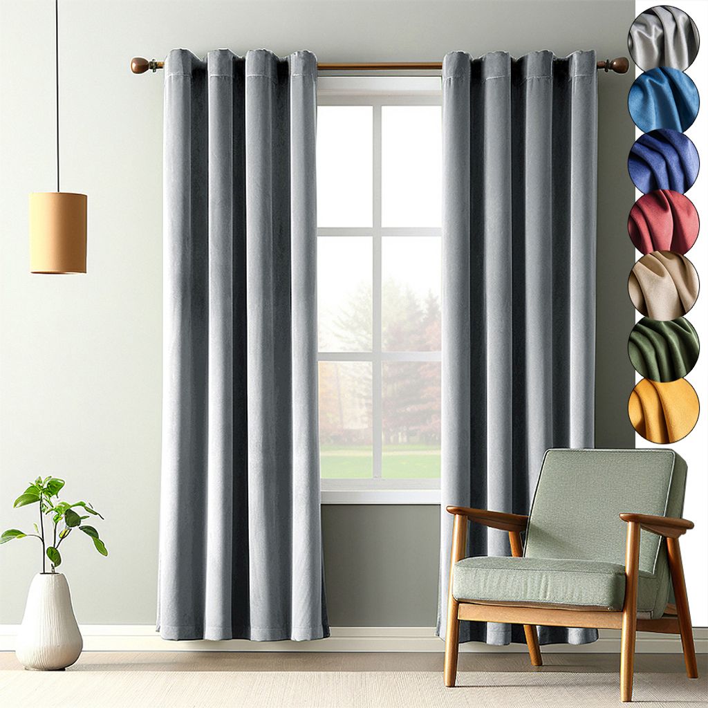 2er Set Samt Gardinen Vorhänge Grau Wohnzimmer Schlafzimmer