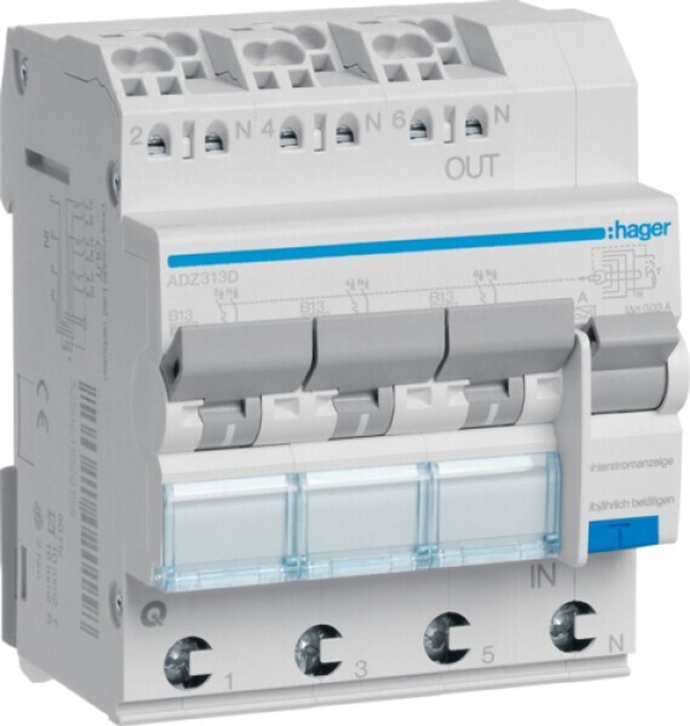 Hager Adz313D Fi-Ls 3X 1P+N 6Ka B-13A 30Ma