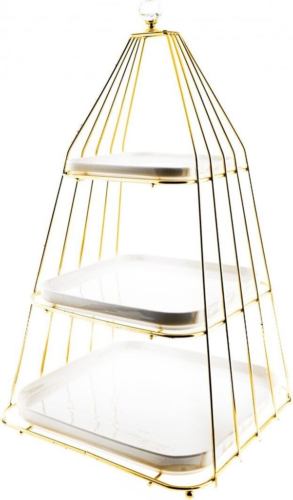 3 stockige Etagere mit Stander in Gold aus Edelstahl und passende Teller in WeiB aus Porzellan