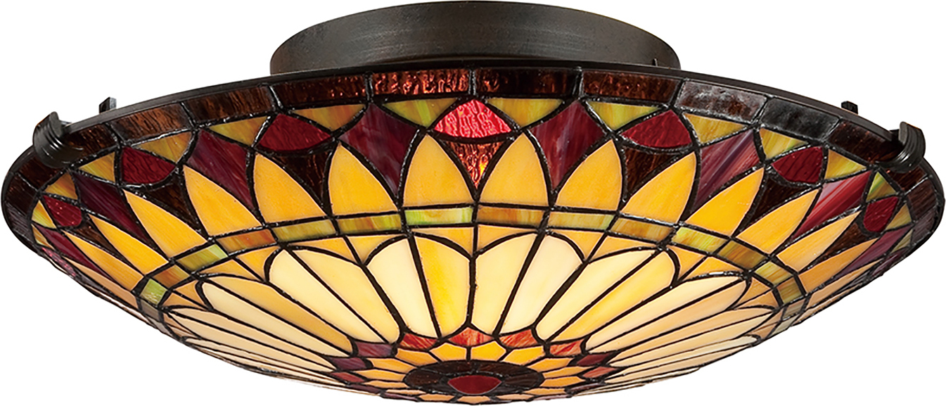 Stropní svítidlo, Tiffanyho sklo, vintage bronz, 2 plameny