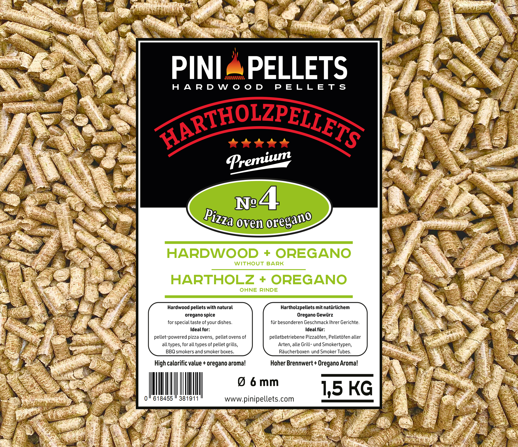 PINI pellets de bois dur № 4 BBQ Pizza Oven Oregano 1,5 Kg