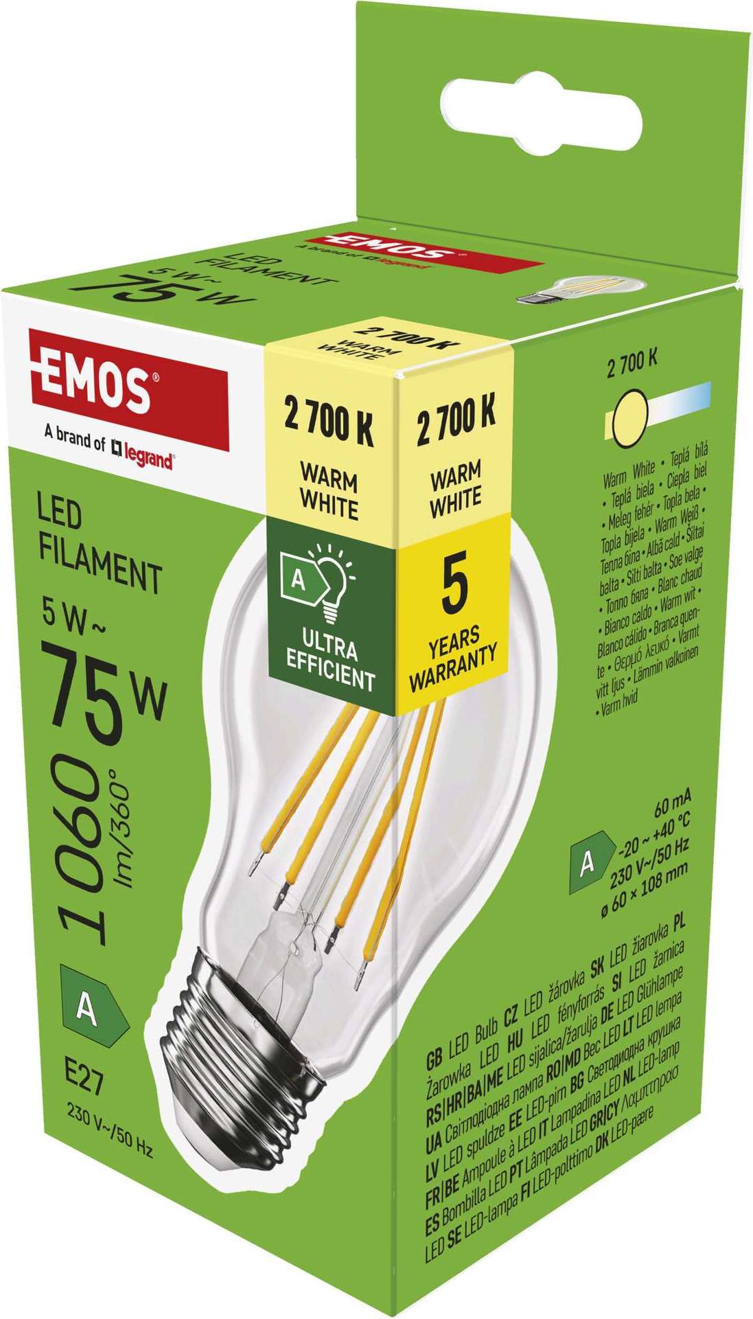 EMOS LED žárovka A60/E27/5W/75W/1060lm/teplá bílá