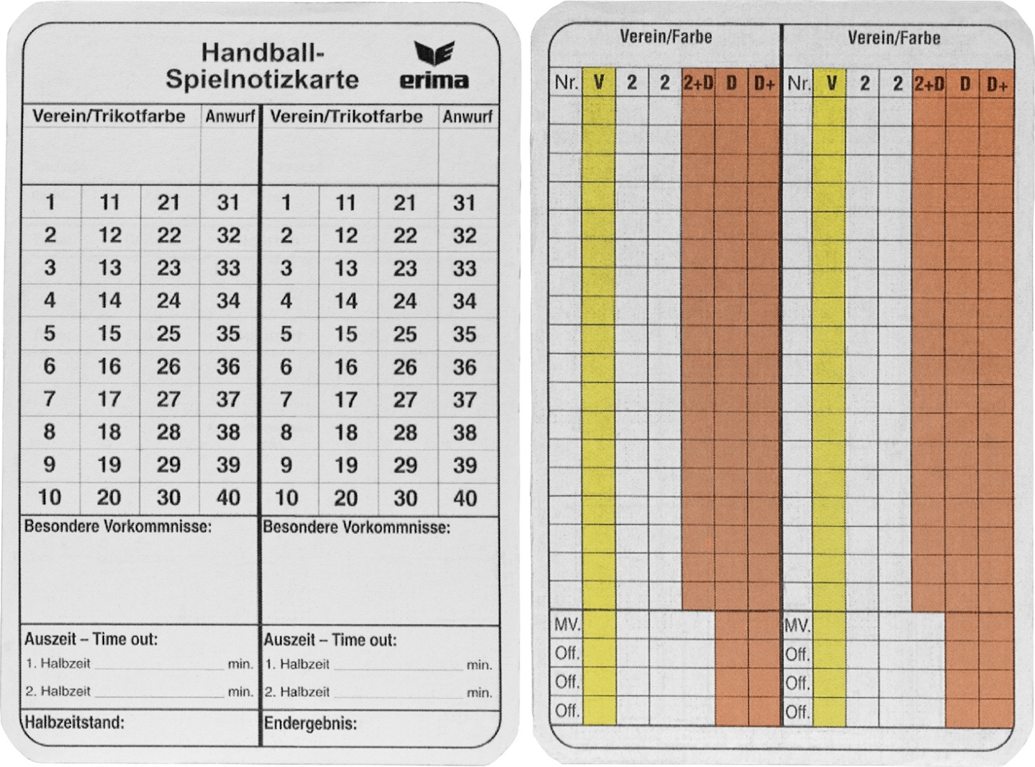 Erima Cartes de notes de match handball