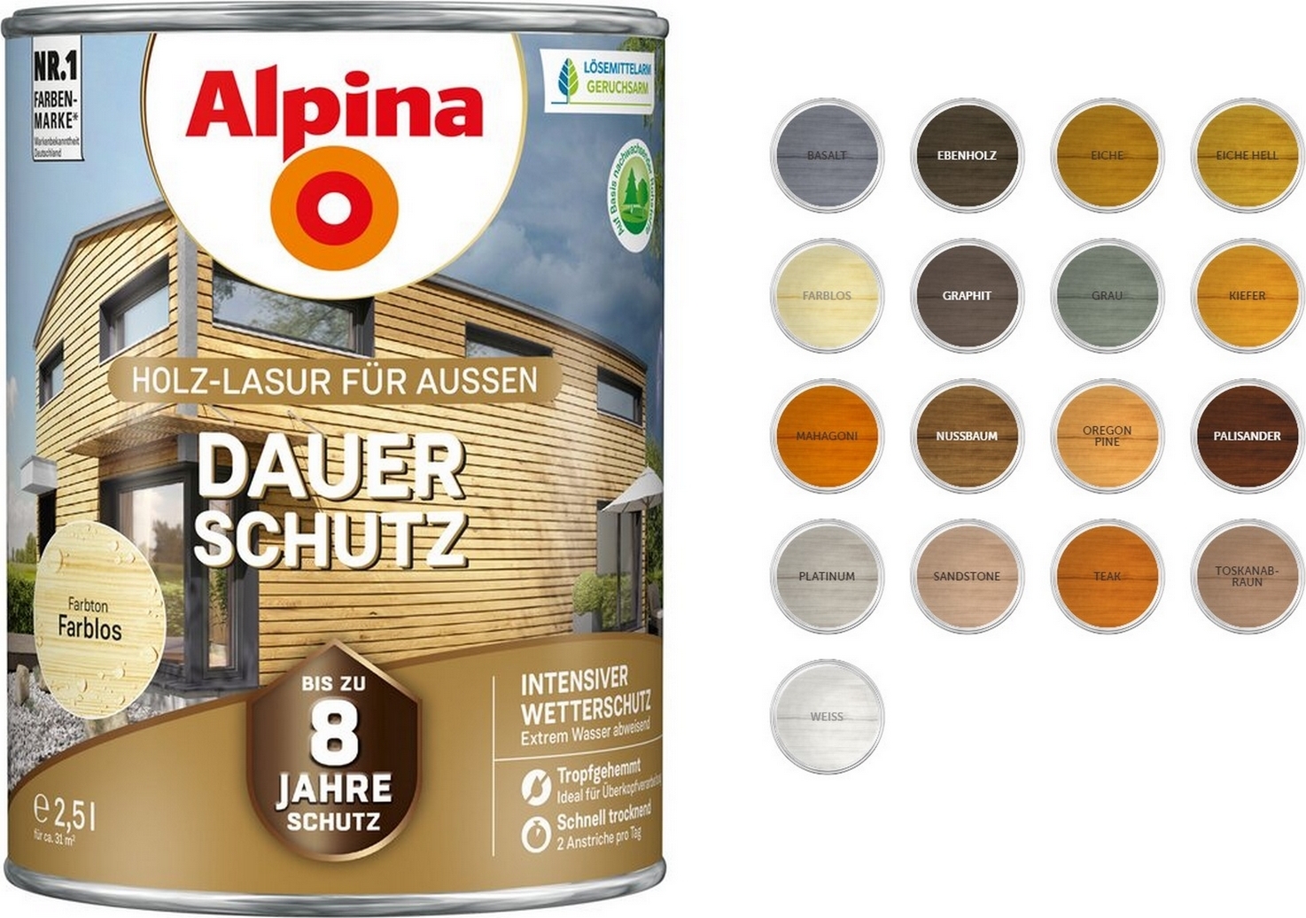 Alpina Dauerschutz Lasur palisander 2,5 Liter Holzlasuren