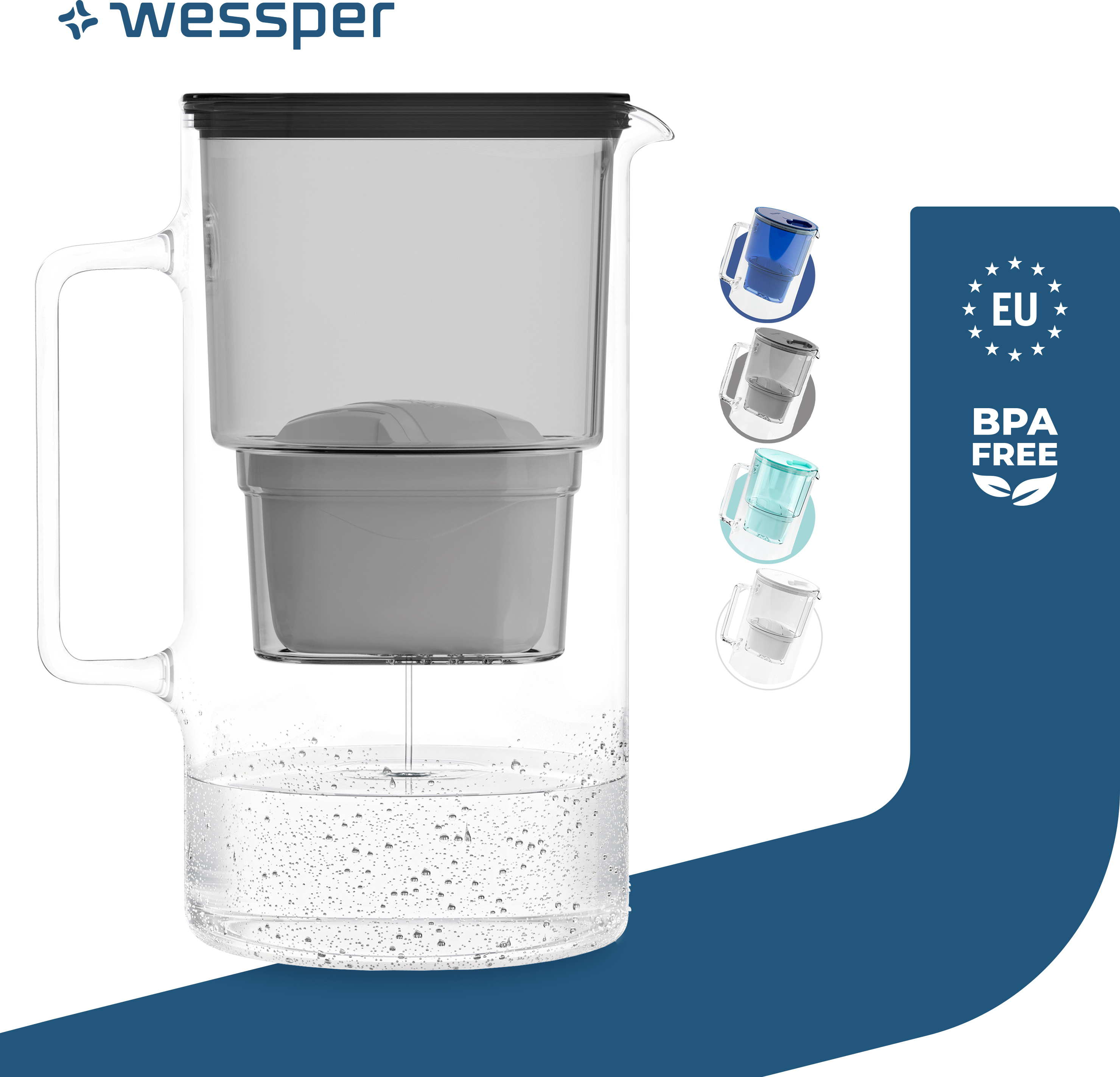 Wessper Glas Wasserfilterkanne 2.5L - Schwarz