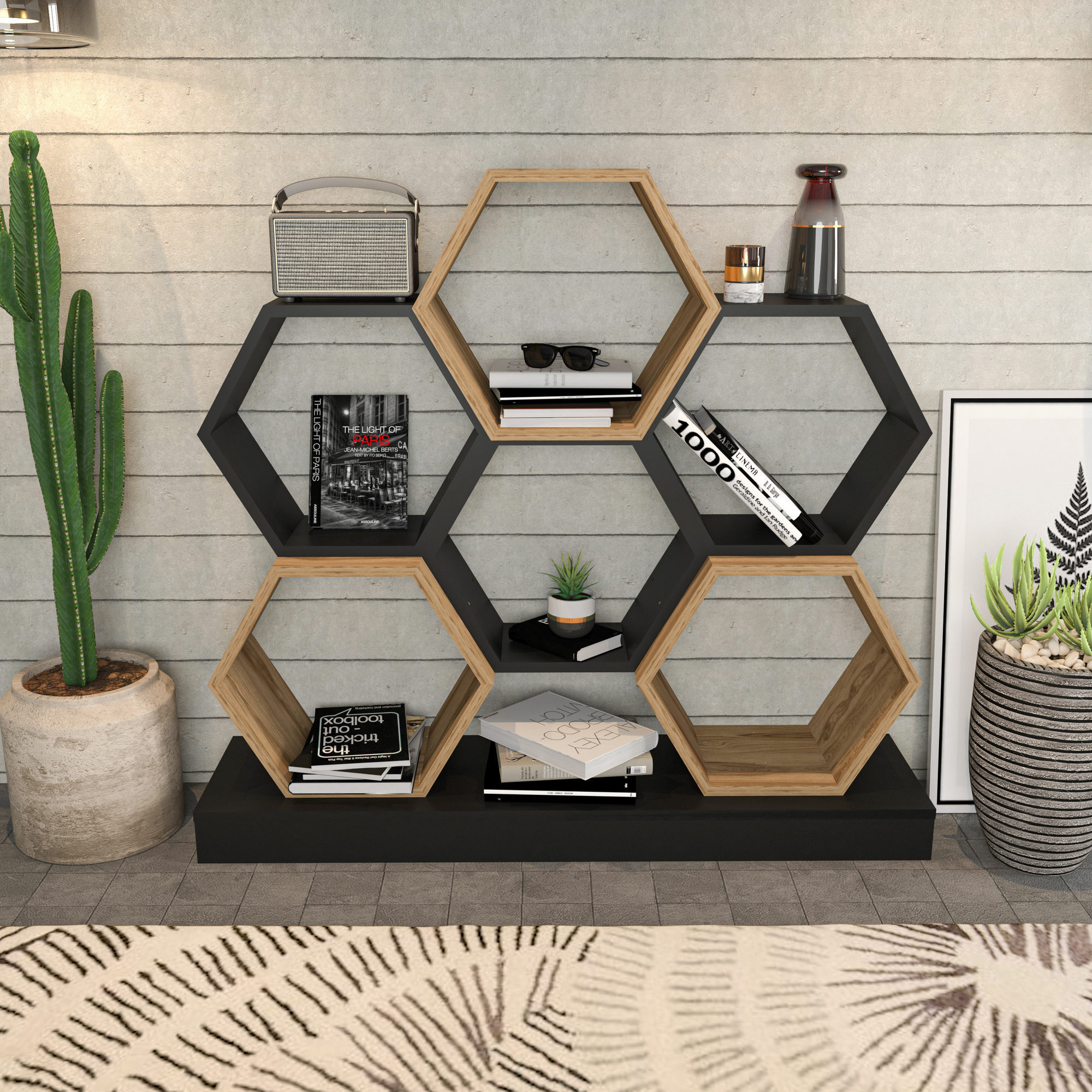 Skye Decor, Cicek - Čierna, Dub, police na knihy, čierna,