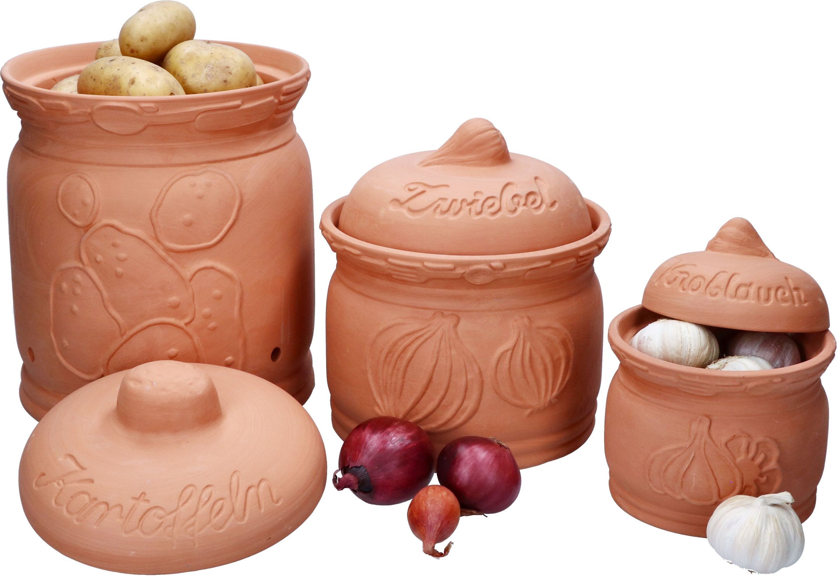 3er Set Terra Tontöpfe mit Deckel aus Terrakotta Kartoffel