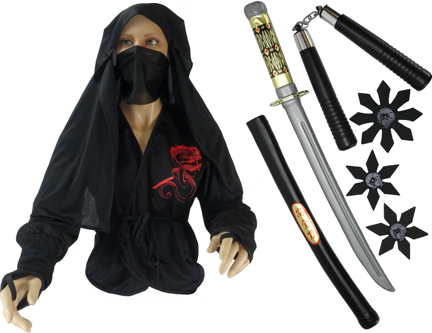 Ninja Kinder Kostüm-Set mit Zubehör / Größe: M / 134-140