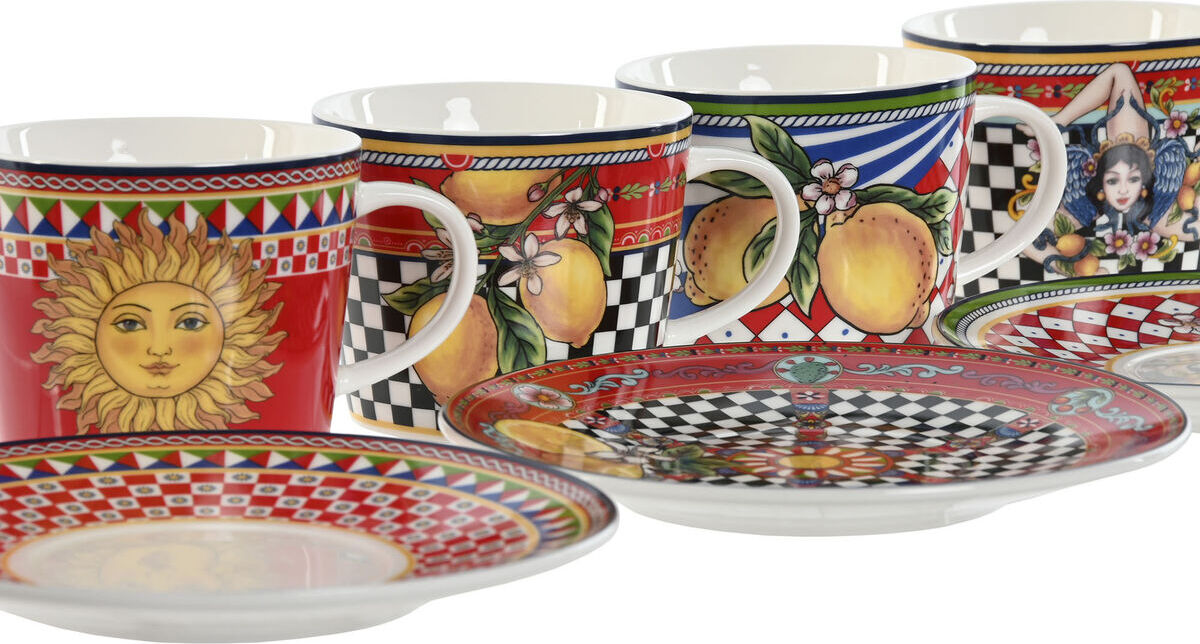 Set di tazze e piatti Home ESPRIT Giallo Rosso Porcellana