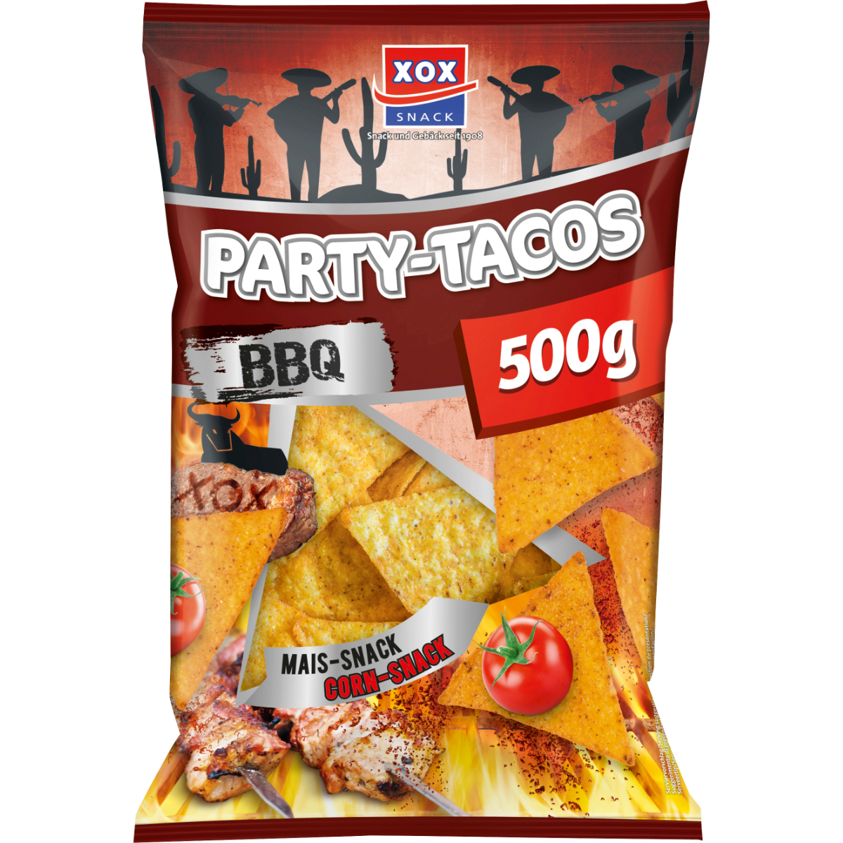 XOX Party Tacos Barbecue kukuričný snack ohnivo pikantný
